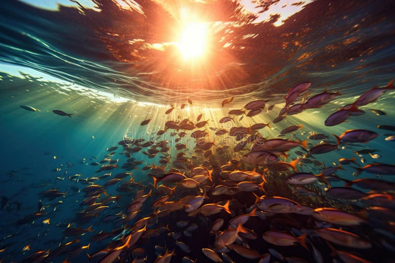 School of Fish Swimming in Circles in Ocean with Sunlight Stock ...