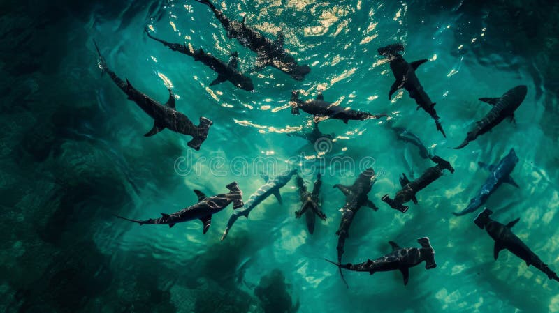 Large School of Scalloped Hammerhead Sharks Swimming. Stock Photo ...