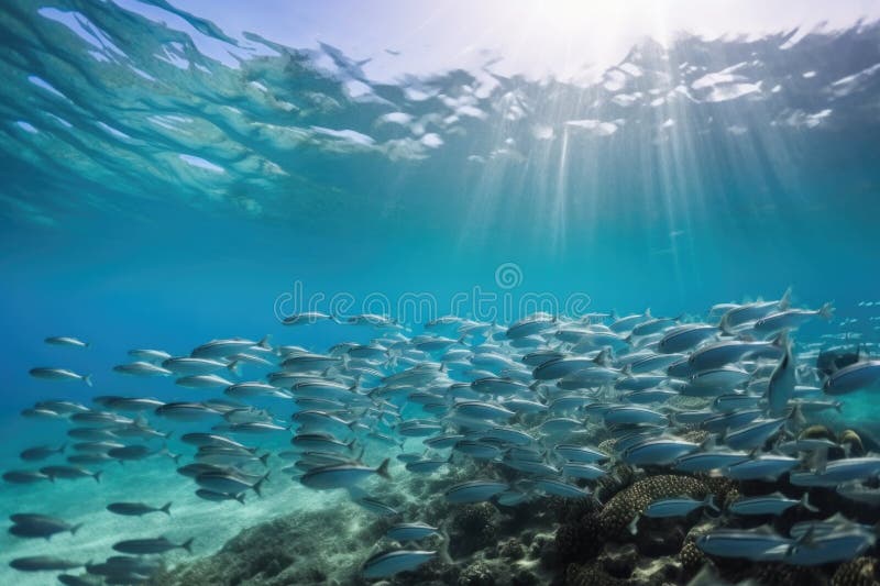 Large School of Tropical Fish Swimming in Crystal-clear Waters Stock ...