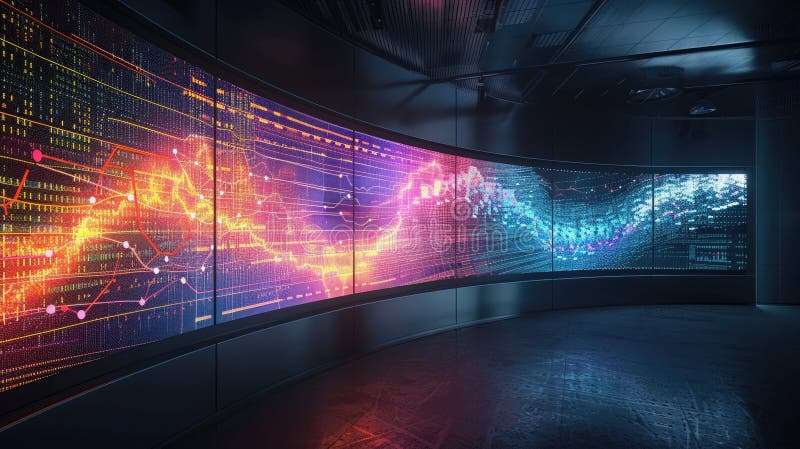 Large Screen in Dark Control Room Showcases a Detailed Visualization of ...