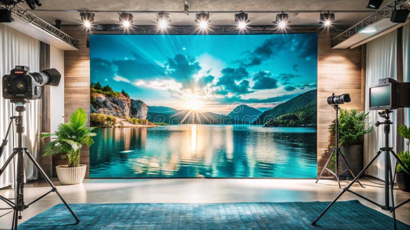 A Large Screen Displaying a Scenic Lakeside Sunset with a Camera Setup ...