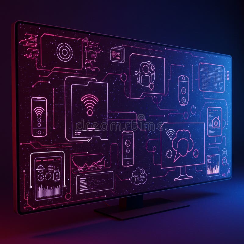 Large Screen Displays Futuristic Digital Graphics and Icons in Neon ...