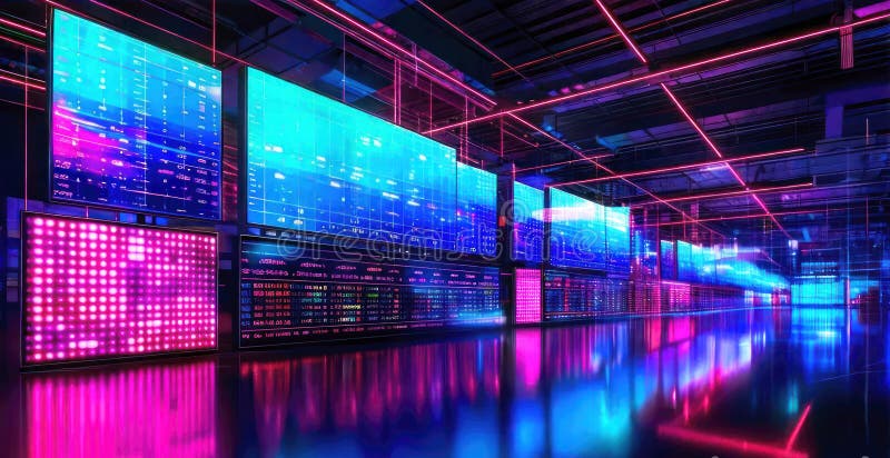 Large Screen Enclosure with Huge Displays with Analytical Graphs. Stock ...