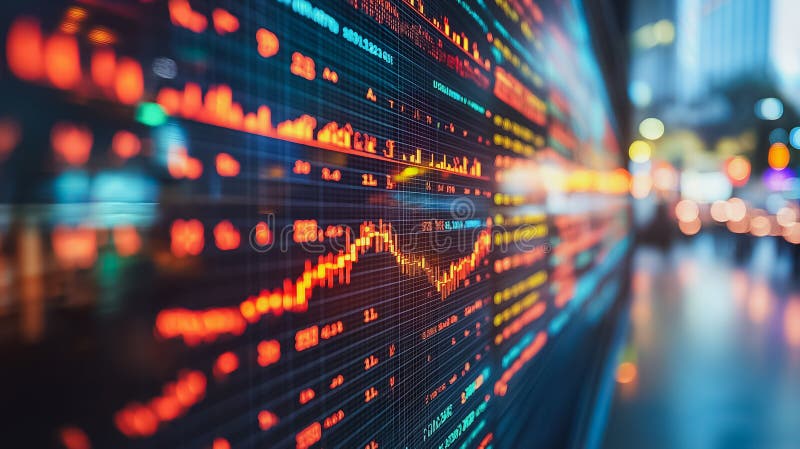 A Large Screen with Many Numbers and Red Lines. Scene is Intense and ...