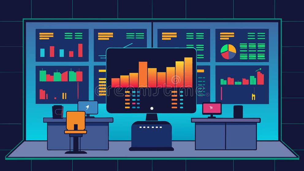 A Large Screen in a Trading Room Split into Multiple Sections ...