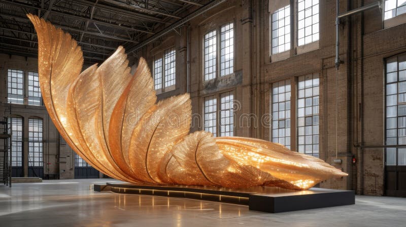 A Large Sculpture of a Golden Feather in an Industrial Building, AI ...