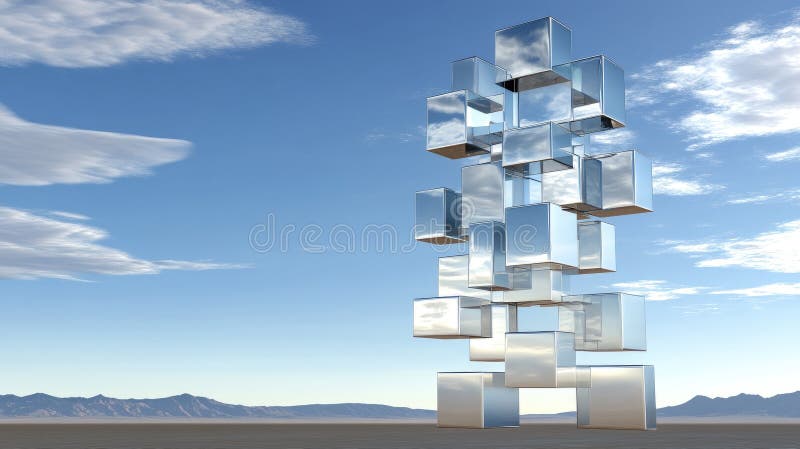 A Large Sculpture Made of Shiny Cubes Towers in the Middle of an Empty ...