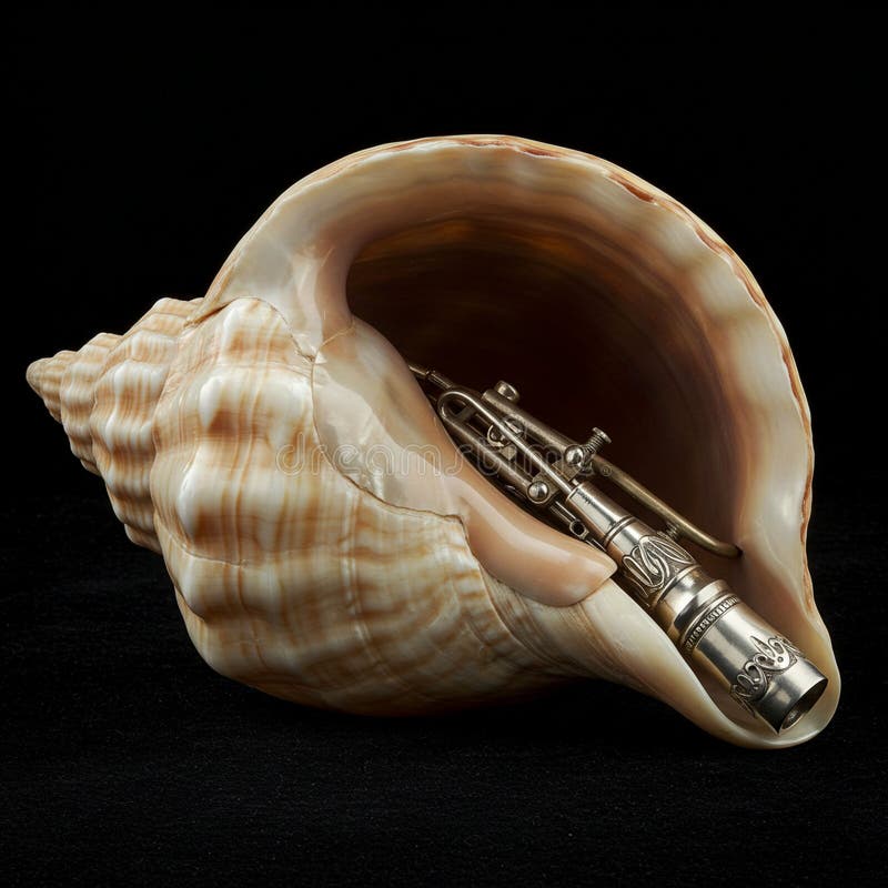 A Large Seashell with a Glossy, Striped Texture Houses a Silver Metal ...