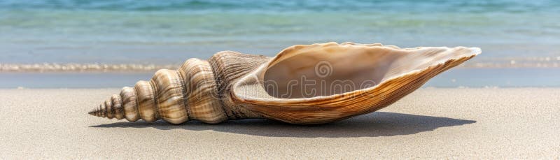 A Large Seashell Lies on the Sandy Beach Near the Ocean Stock ...