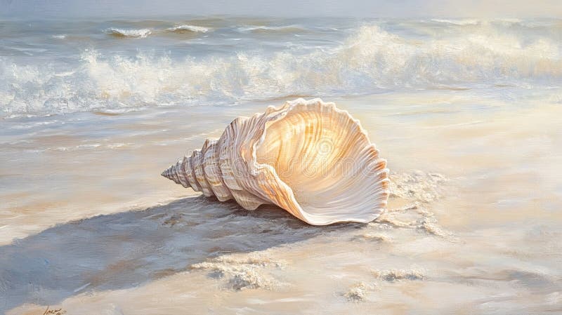 Large Seashell Resting on Sandy Beach with Ocean Waves Stock Photo ...