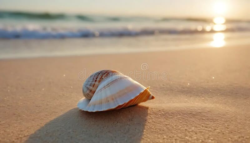 A Large Seashell Rests on a Sandy Beach with a Gentle Curve, Showcasing ...