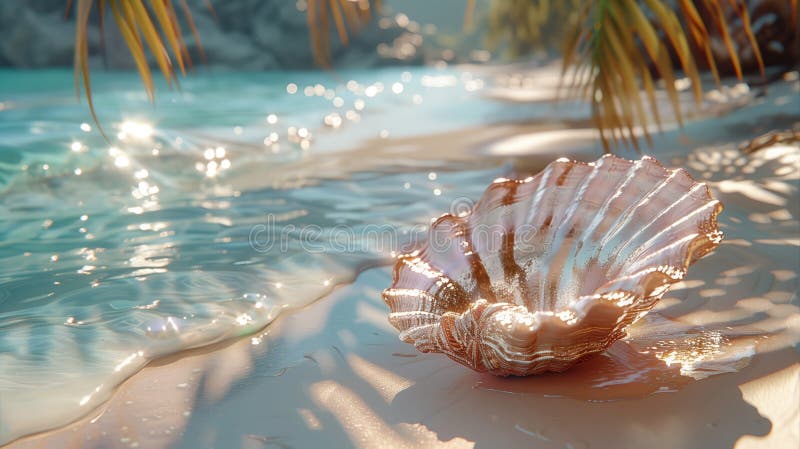 Large Seashell on White Sand Beach with Blue Water and Palm Tree Stock ...