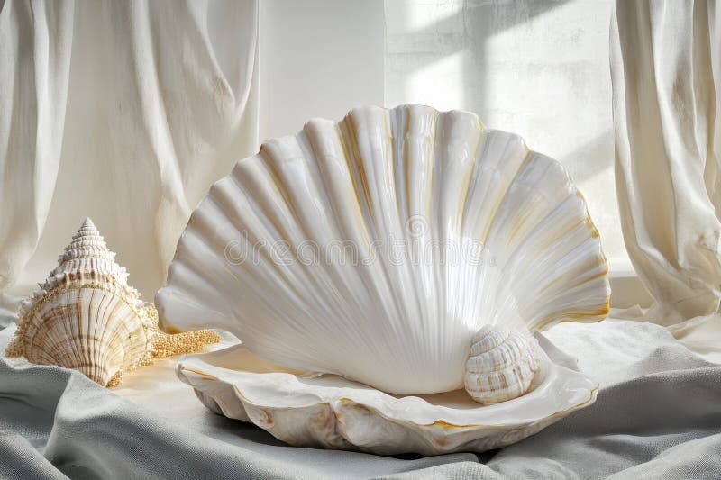 Large Seashell and Smaller Conch Shells Displayed on a Soft Fabric ...