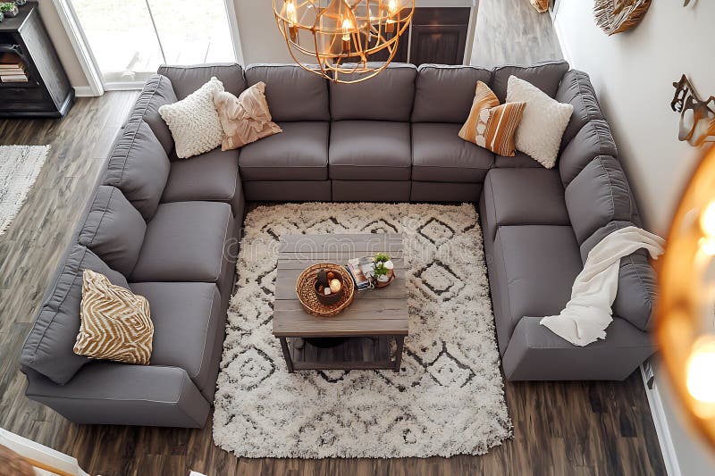 Large Sectional Sofa with a White Rug and a Coffee Table in the Middle ...