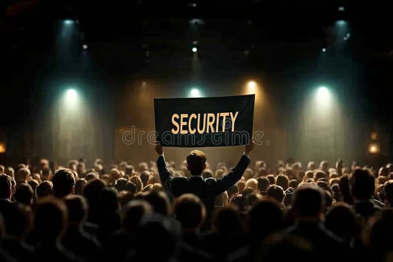 Large SECURITY Sign Held High at Crowded Public Event Dramatic Lighting ...