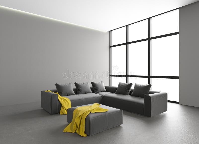 Large Semi-empty Salon with a Large Sofa. Large Windows in the Interior ...