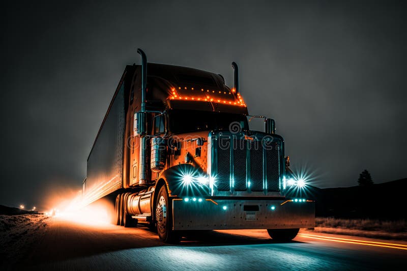 A Large Semi-trailer Moves Along the Highway at Night with Its ...