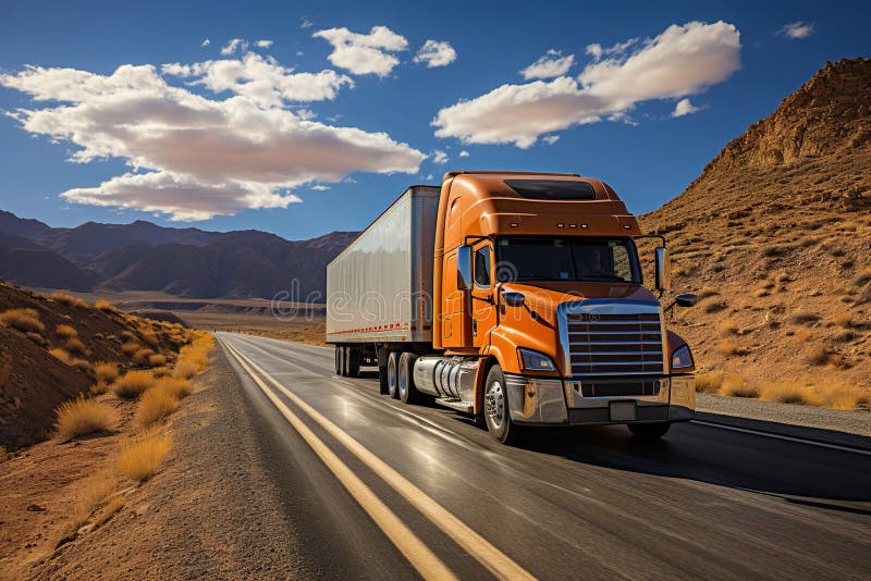 A Large Semi Truck Driving Down a Desert Road during the Day Stock ...