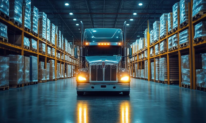 Large Semi-truck Parked in Spacious Warehouse with Stacked Pallets and ...