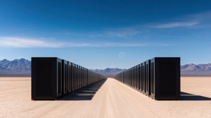 Large Server Racks Line a Desert Landscape with Distant Mountains Under ...
