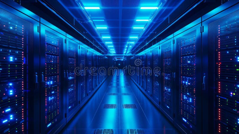 Large Server Room. Black and Blue Neon Colors Stock Image - Image of ...