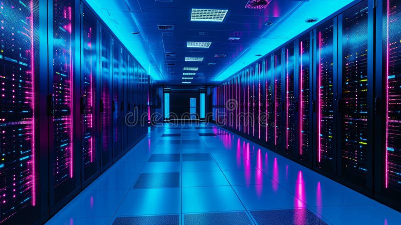Large Server Room. Black and Blue Neon Colors Stock Image - Image of ...