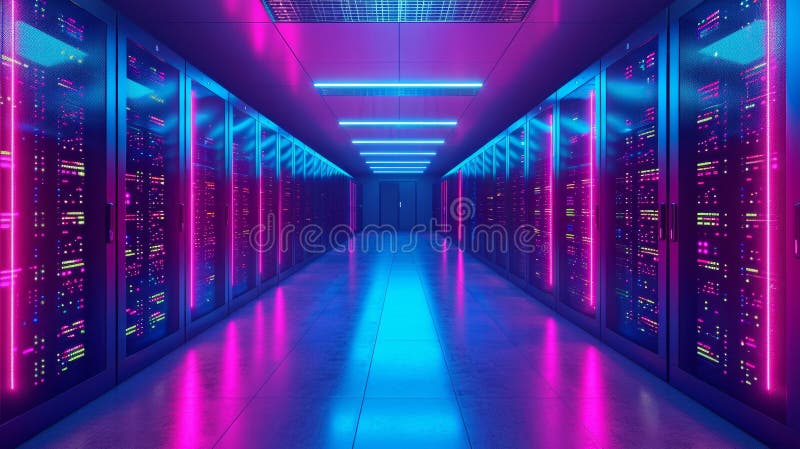Large Server Room. Black and Blue Neon Colors Stock Photo - Image of ...