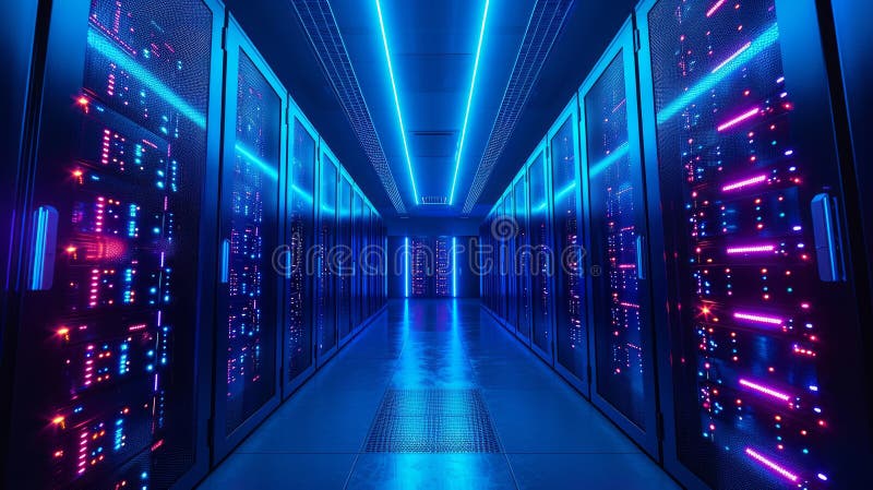 Large Server Room. Black and Blue Neon Colors Stock Photo - Image of ...
