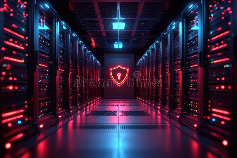 A Large Server Room with Rows of Glowing Servers, Illuminated in Red ...