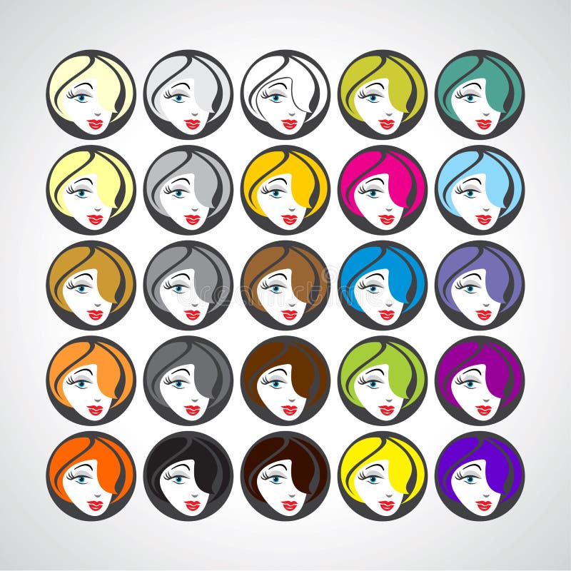 Large Set of Beautiful Female Face Girl Different Colors Stock Vector ...