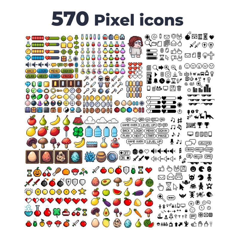 LARGE Set of 8-bit Pixel Icons. Isolated Vector Illustrations for Web ...