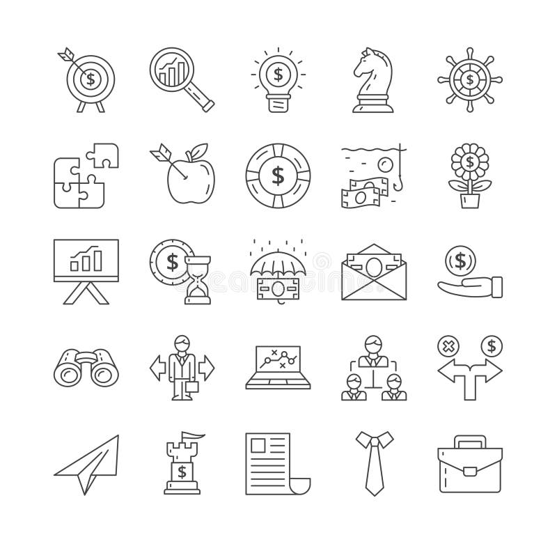 Large Set of Black and White Line Drawn Business Strategy Icons Stock ...