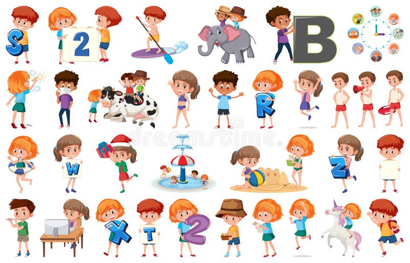 Large Set of Children Doing Different Activities on White Background ...