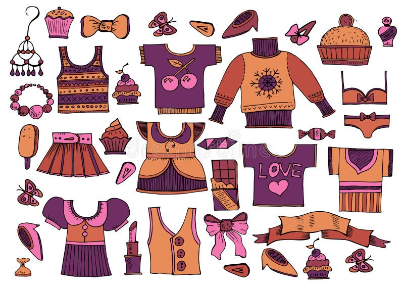 Large Set of Clothes in Vintage Style - Vector Stock Illustration ...