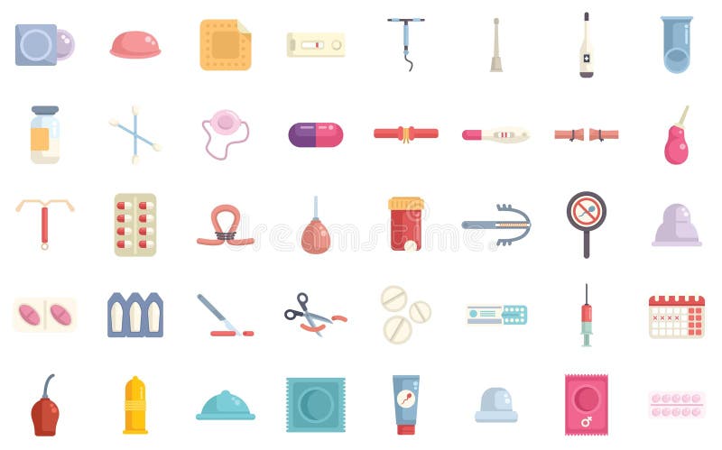 Large Set Of Contraception Icons Showing Options For Birth Control
