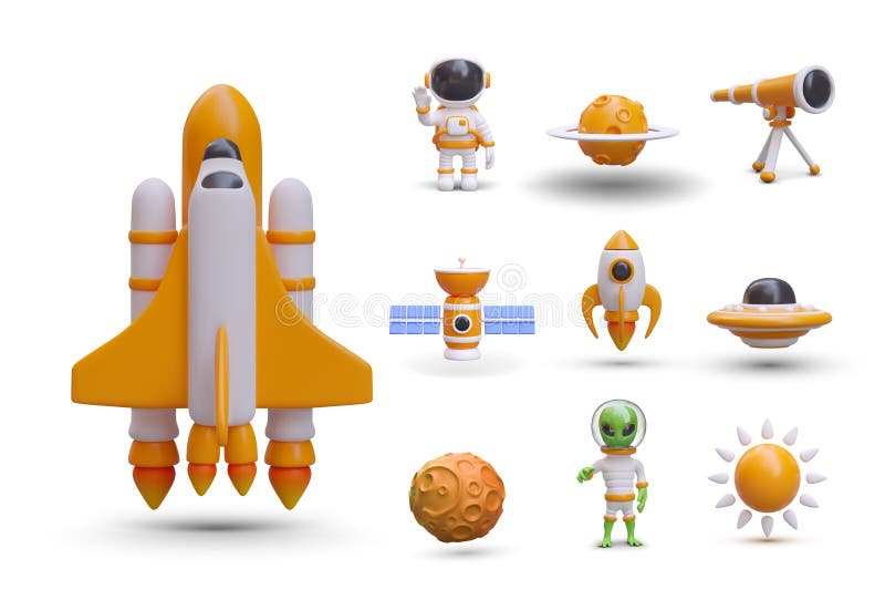 Large Set Of Colorful Realistic Space Objects Shuttle Flying Saucer Rocket Satellite Stock