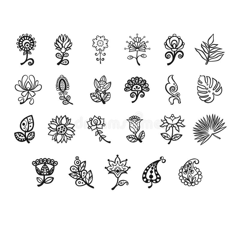 Large Set of Decorative Outlines of Flowers and Plants, Hand Drawn ...