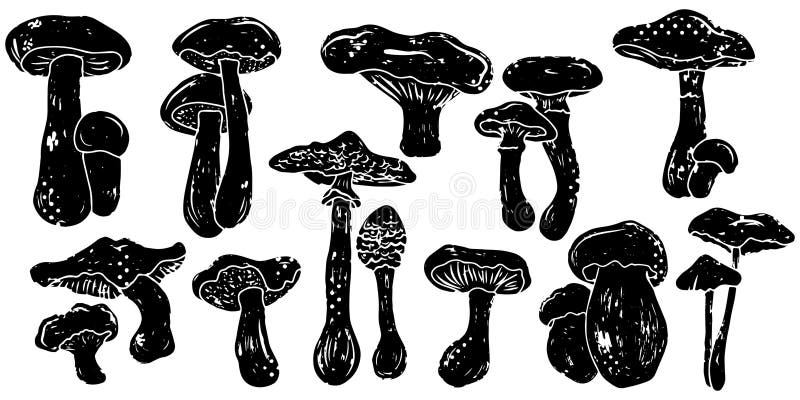 Large Set of Different Mushrooms. Linocut Style Element Texture Surface ...