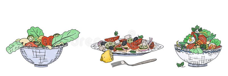 Vegetable Salad in a Bowl Simple Drawing. Doodle Stock Vector ...