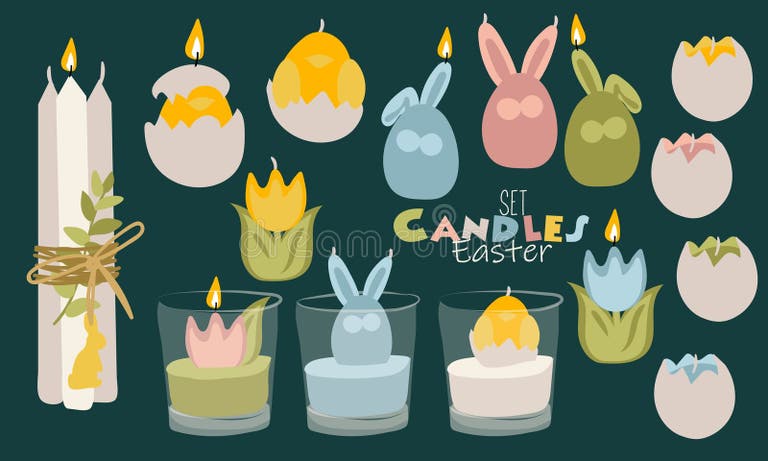 A Large Set of Easter Candles with Fire in Different Types. in the Form ...