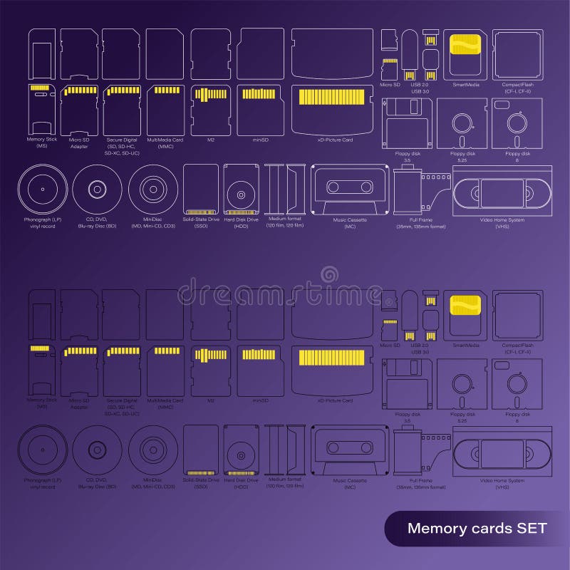A Large Set of Flash Cards Media and Old Memory Drives. Stock Vector ...