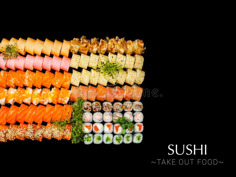 Large Set of Maki and Inside Out Sushi Roll Pieces Isolated on Background with Text Space Imagen ...