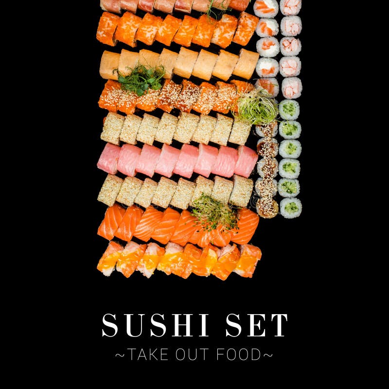 Large Set of Maki and Inside Out Sushi Roll Pieces Isolated on ...