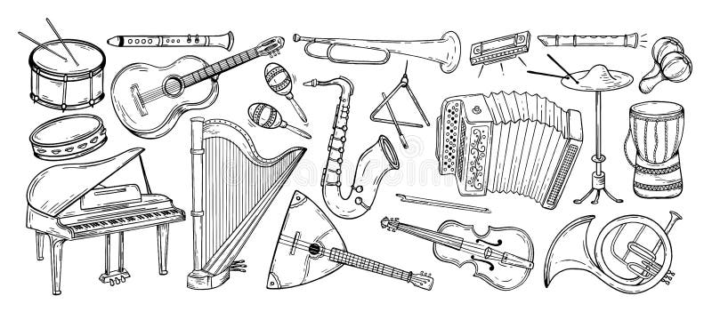 Large Set Musical Instruments Hand Drawn Style. Vector Black and White ...
