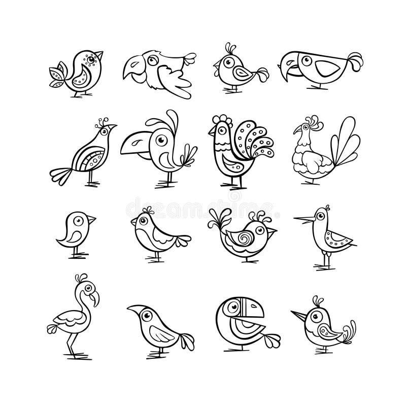 Large Set of Outline Illustrations of Cute Birds, Vector Stock Vector ...