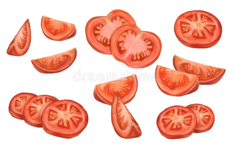 A Large Set of Sliced Tomatoes. Slices, Triangles, Halves Stock ...