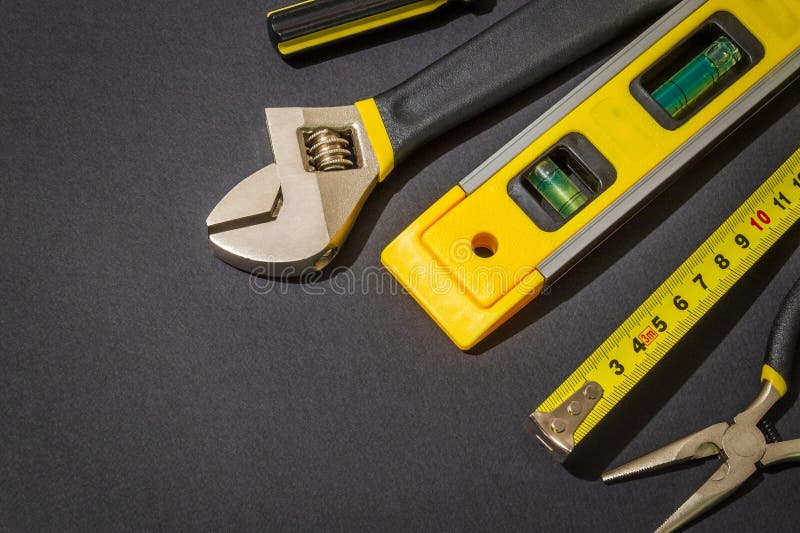 Large Set of Tools on Black Background Prepared by the Master before ...