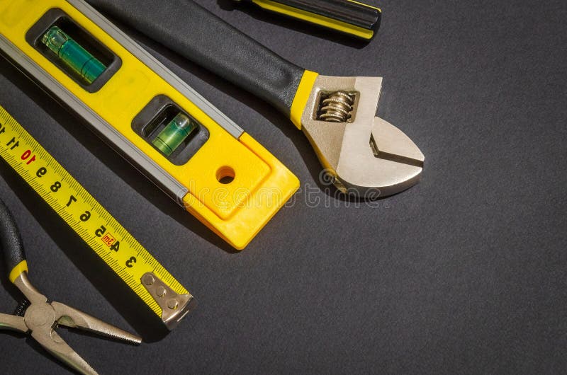 Large Set of Tools on Black Background Prepared by the Master before ...