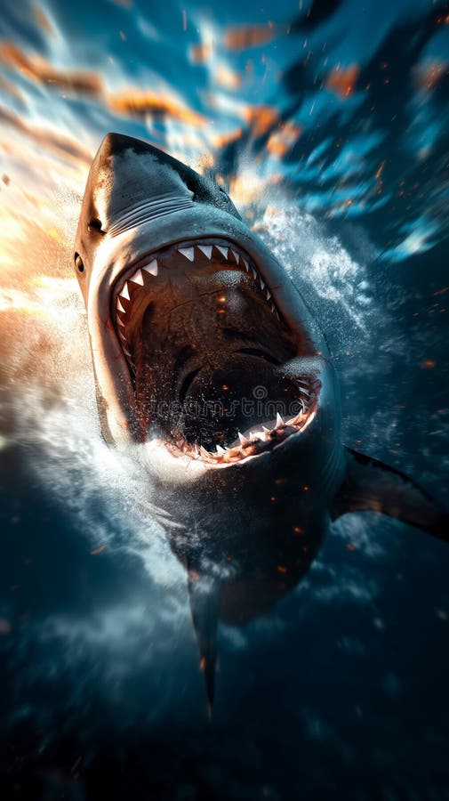 A Large Shark is Breaching the Surface of the Water, Mouth Wide Open ...
