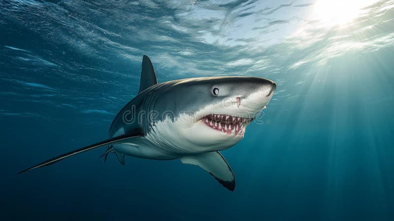 A Large Shark Glides Smoothly through the Deep Blue Ocean, Rays of Sunlight Filtering Down Stock ...